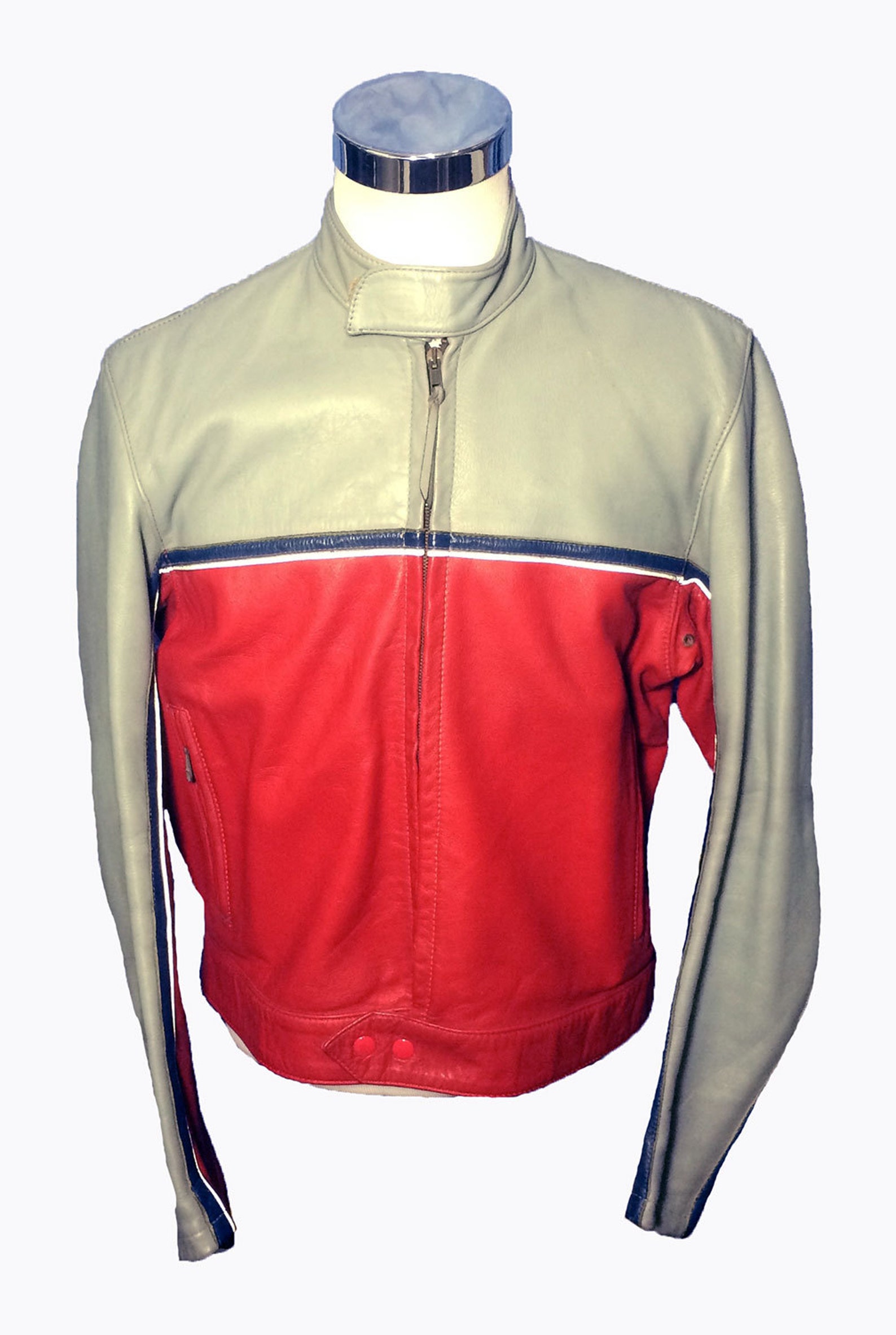 BATES GRAY RED Leather Cafe Racer Motorcycle Men Jacket Size - Etsy