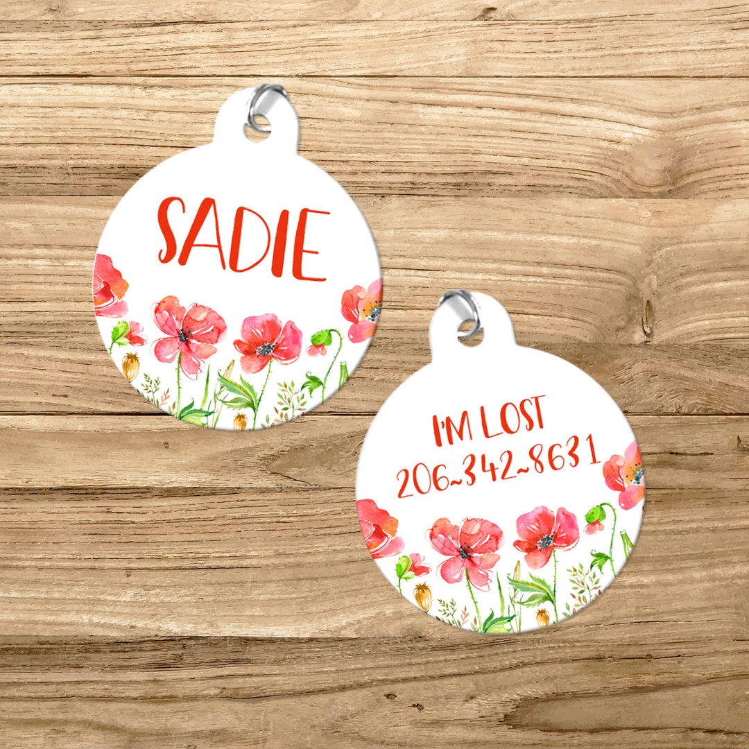 Flower Dog Tag - Cute Dog Tag - Red Floral Pet Tag - Custom Dog ID Tag ...