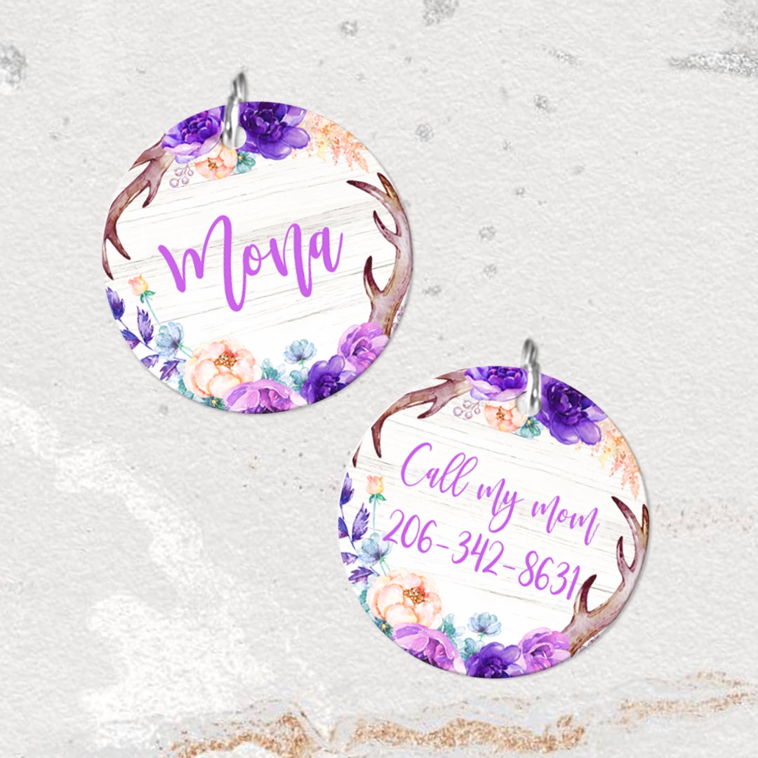 Purple Dog Tag - Custom Dog Tag - Flower ID Tag - Personalized Pet ID ...
