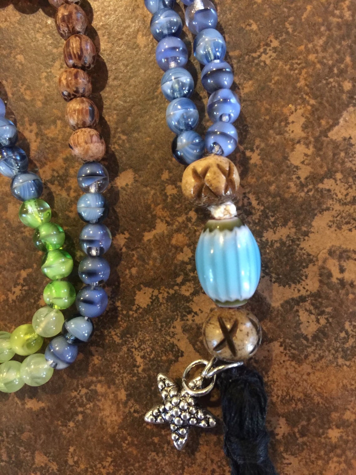 Zen Mala With Star Charm, Blue Ceramic Guru Bead and Black Tassel, Zen ...
