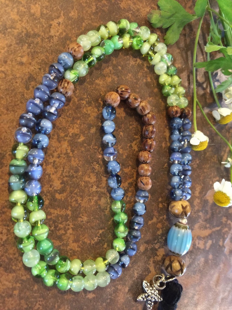 Zen Mala With Star Charm, Blue Ceramic Guru Bead and Black Tassel, Zen ...
