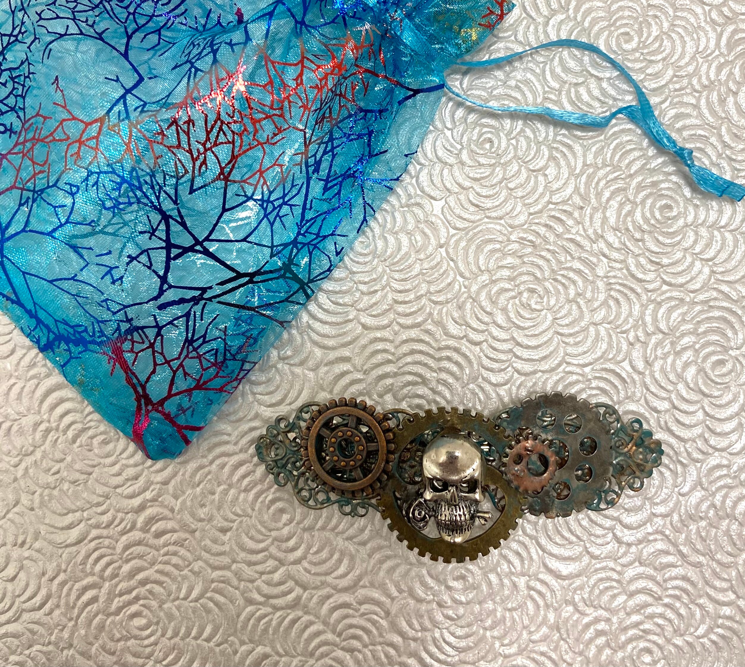 Steampunk Hair Barrette - Skull and Gears - Hair Clip - Aged Patina ...