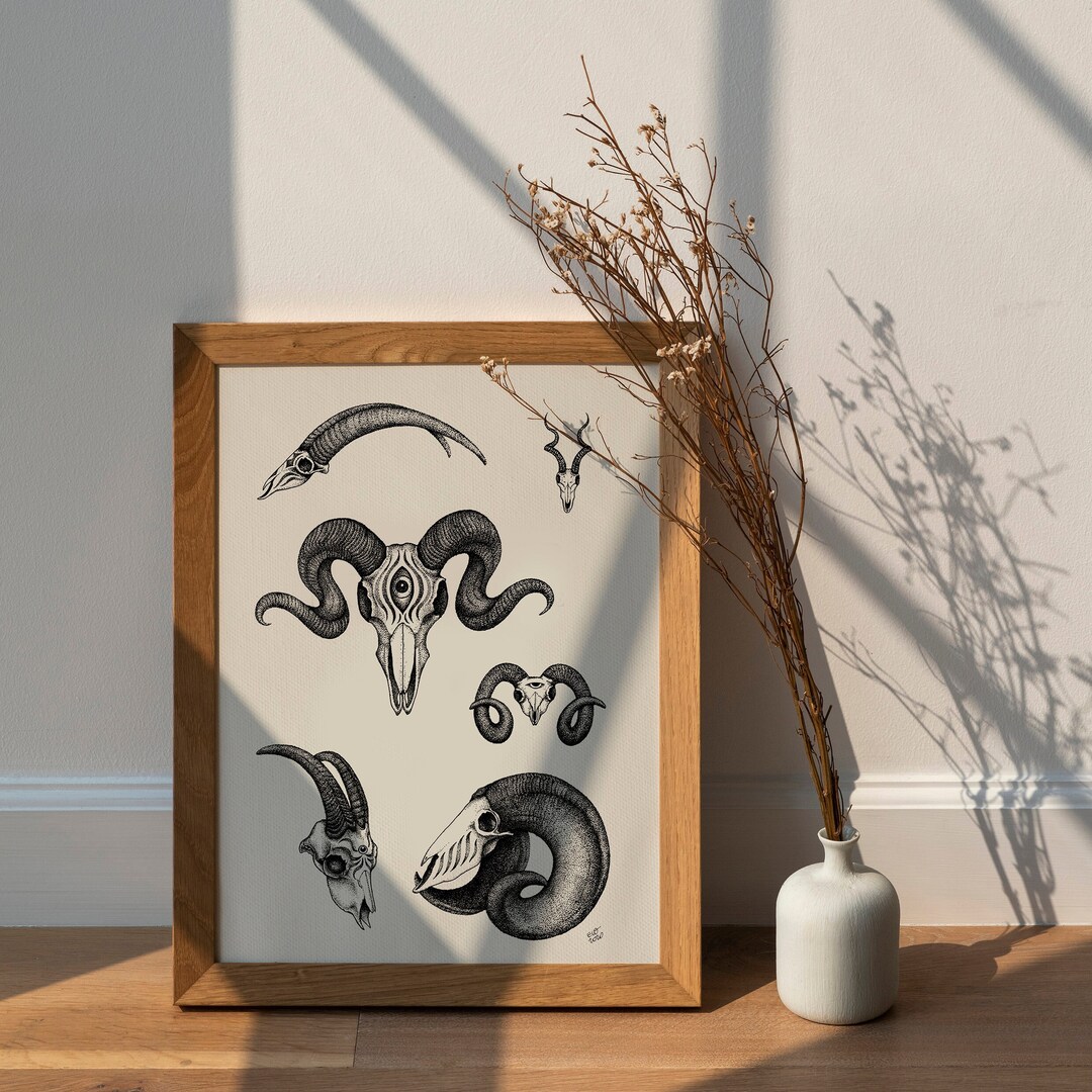 Goat Skull Wall Art Digital Printable Sheet Illustration of Goat Skulls ...