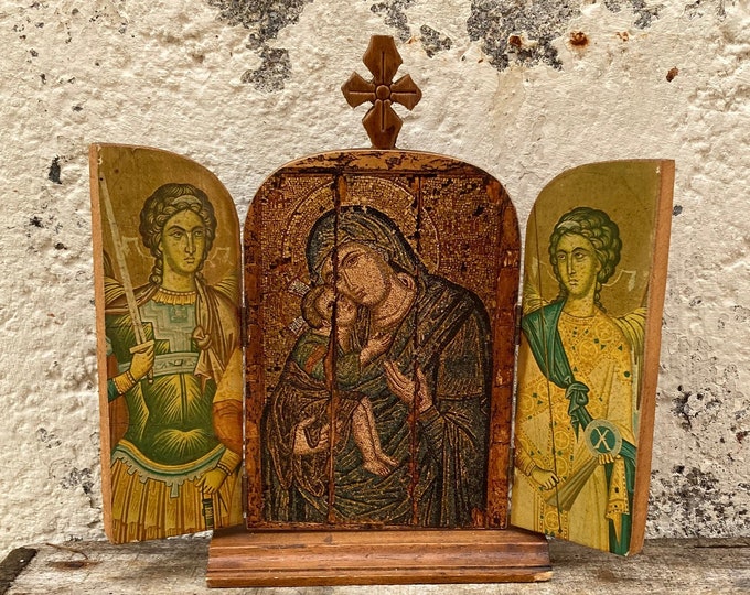 Triptych Madonna and Child Jesus, Vintage Religious Home Altar Decor, Carved Wood Devotional ...