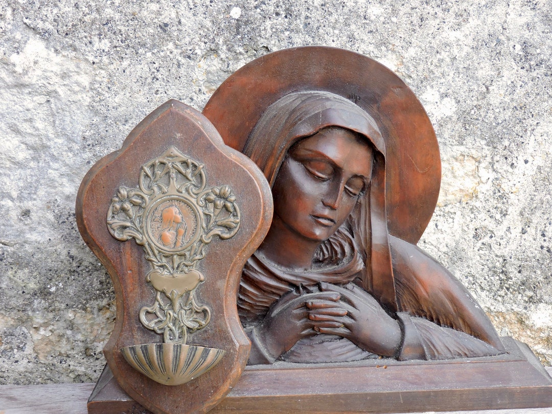 Antique Stoup, Vierge Plaque, Benetier Holy Water, Art Nouveau Period ...