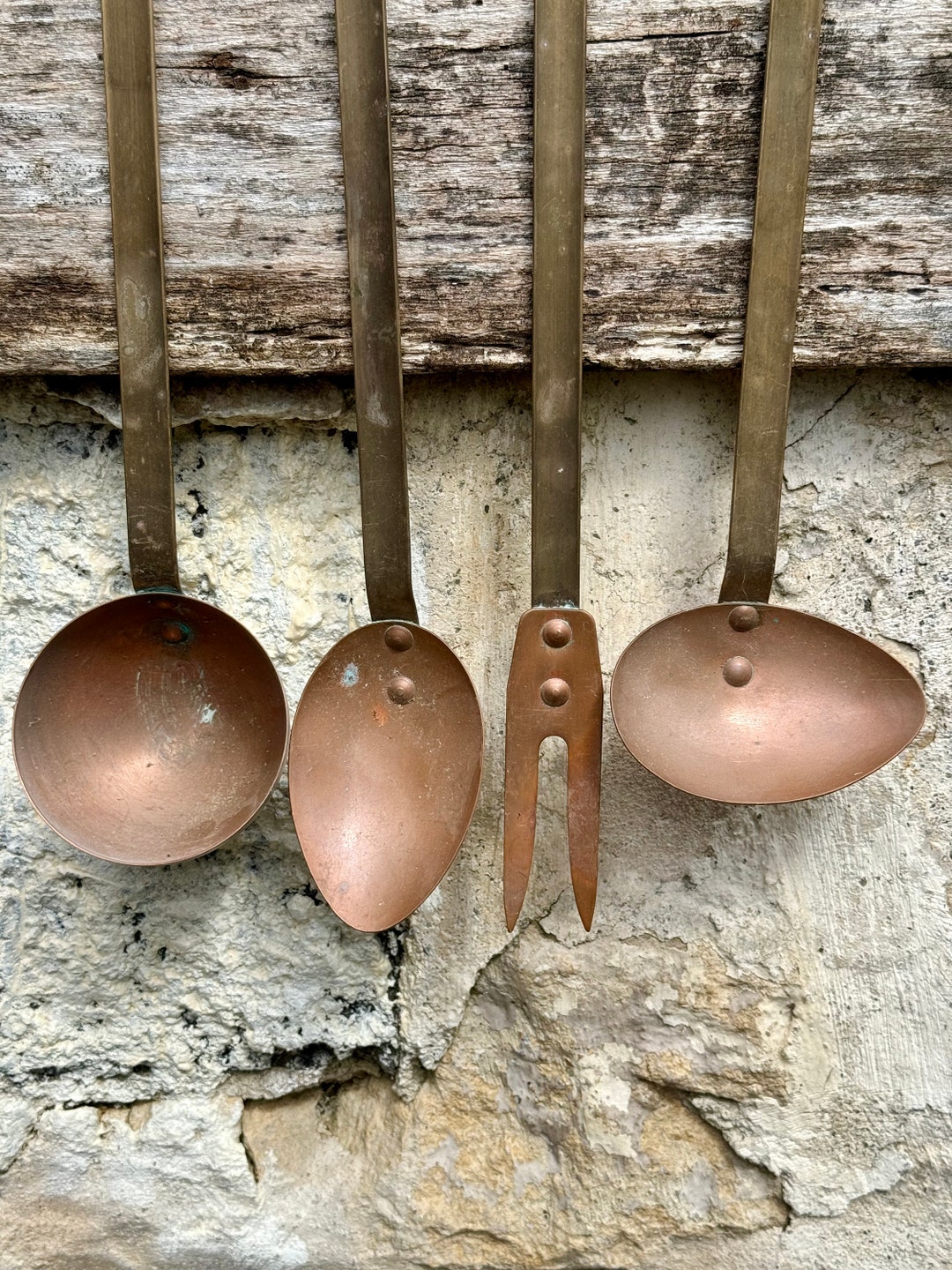 Copper Kitchen Utensil Set, 4 Matched Utensils, With Brass Handles ...