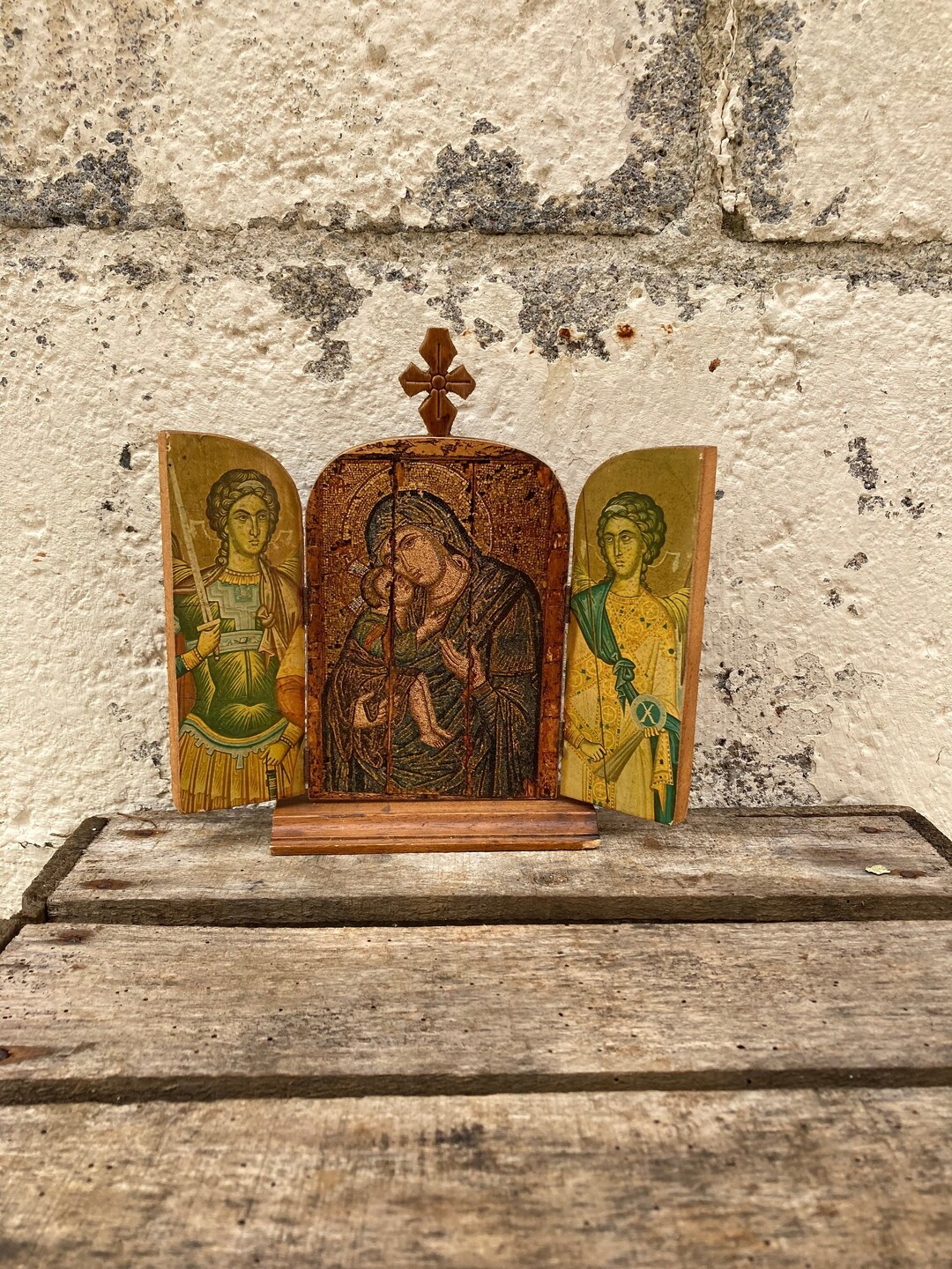 Triptych Madonna and Child Jesus, Vintage Religious Home Altar Decor, Carved Wood Devotional ...