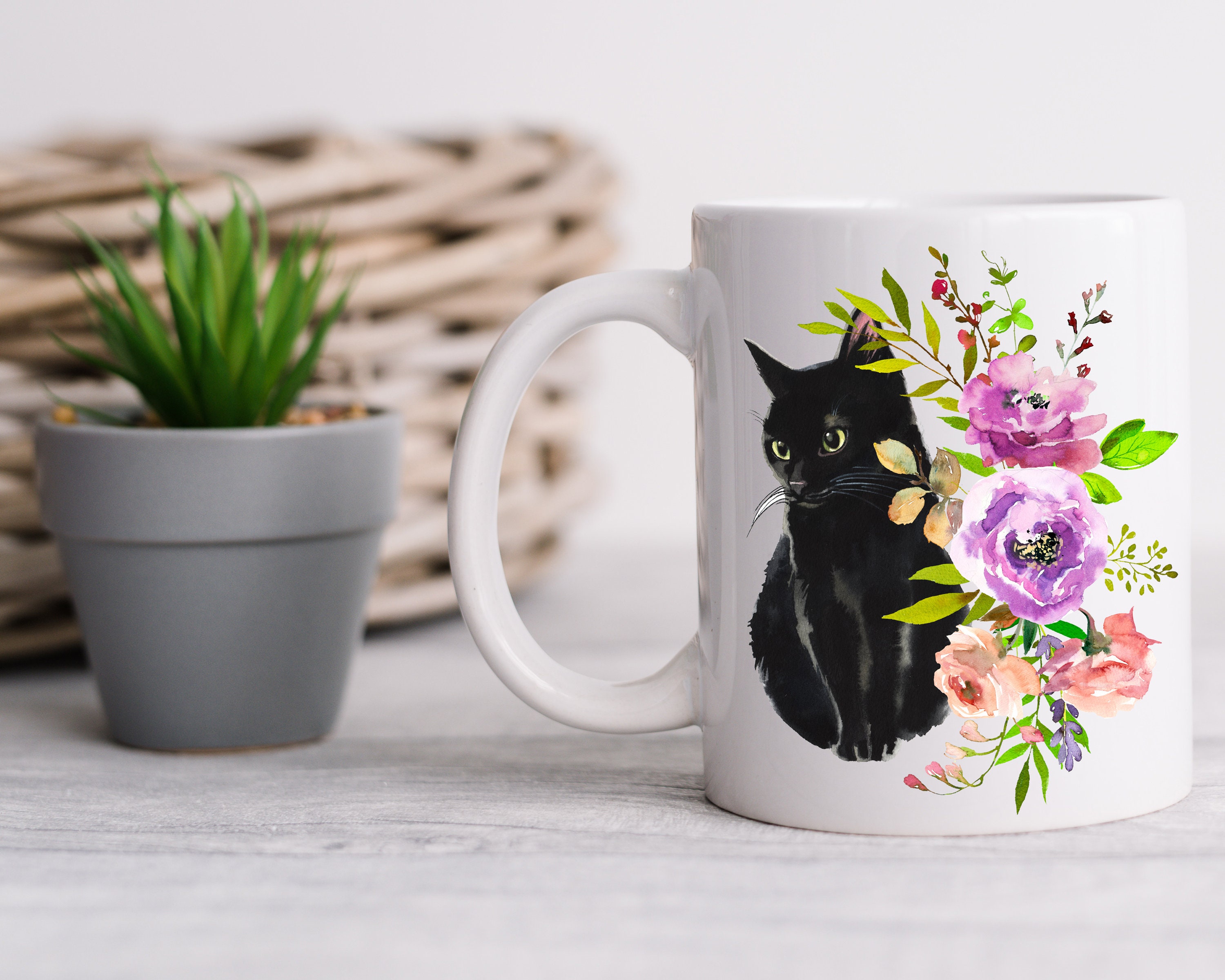 Black Cat Mug Pet Coffee Mugs Floral Cat Mug Cute Cat Mug | Etsy