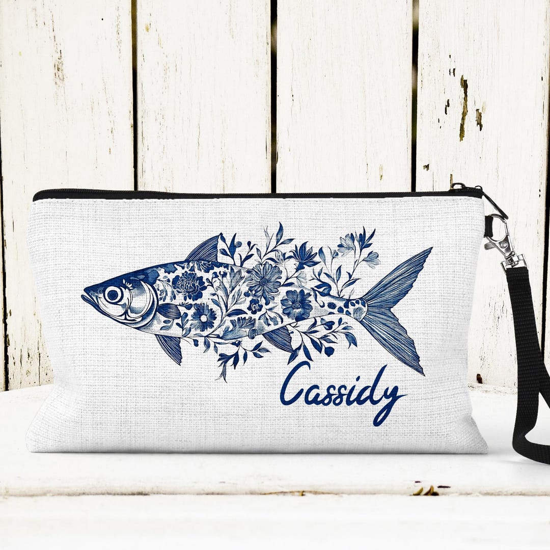 Personalized Fishing Makeup Bag, Custom Nautical Pouch, Linen Toiletry ...