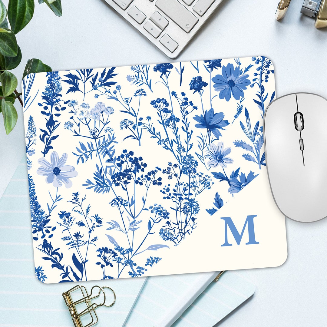 Floral Pattern Monogram Mouse Pad Personalized Blue Flowers Mousepad ...