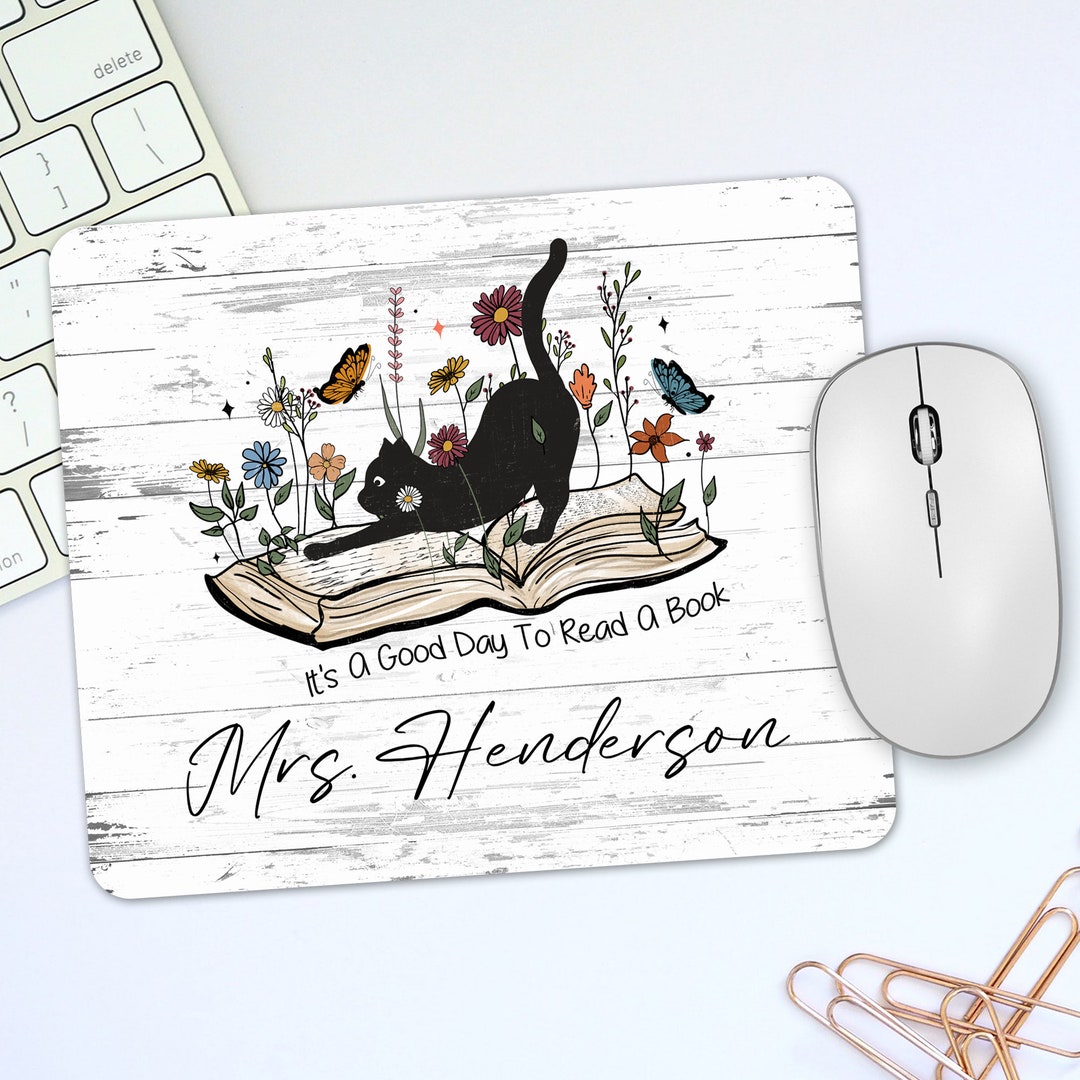Black Cat Mouse Pad Reading Teacher Gift Custom Book Lover Desk ...
