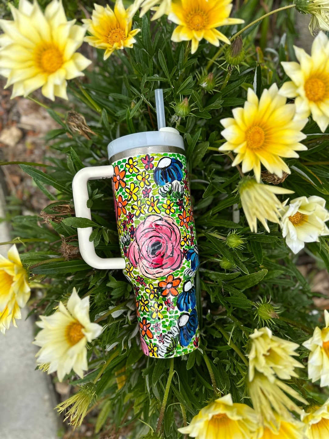 Custom Hand-painted Stanley Tumbler - Roses and Tiny Flowers - Bright ...