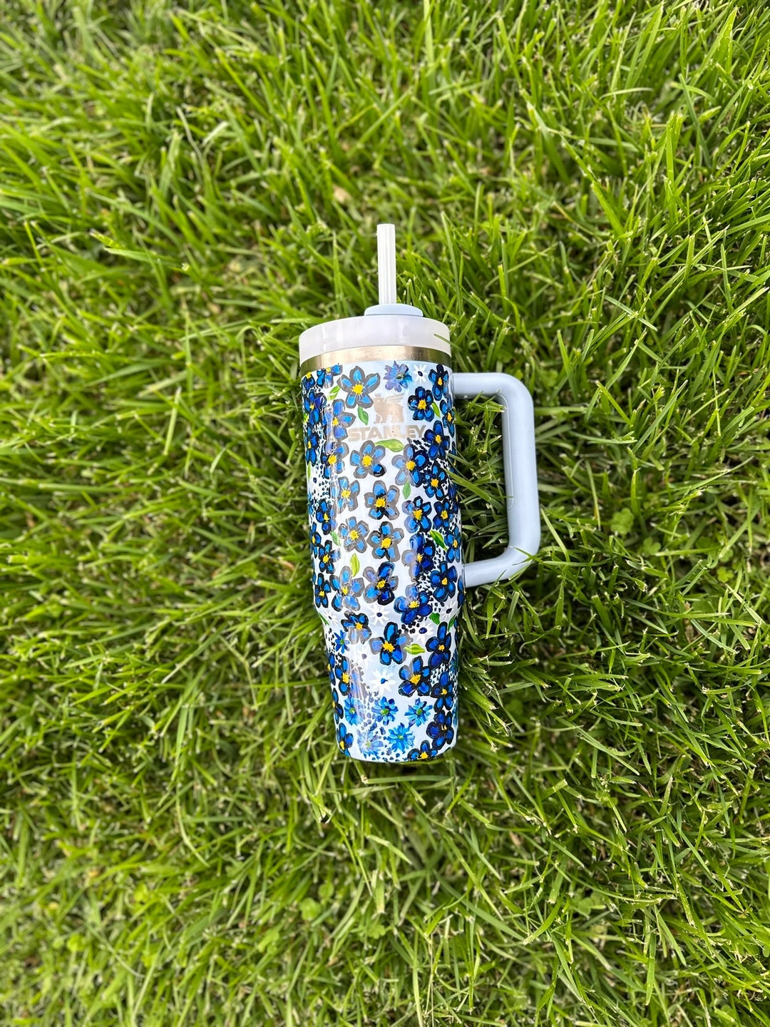 Hand-painted Blue Floral Stanley Tumbler - 30 Oz Stanley Cup - Custom ...