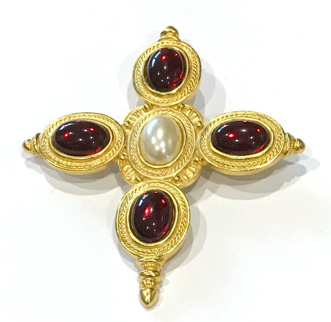 Beautiful Large Vintage Marvella Red Resin and Pearlized Cabochon Cross ...