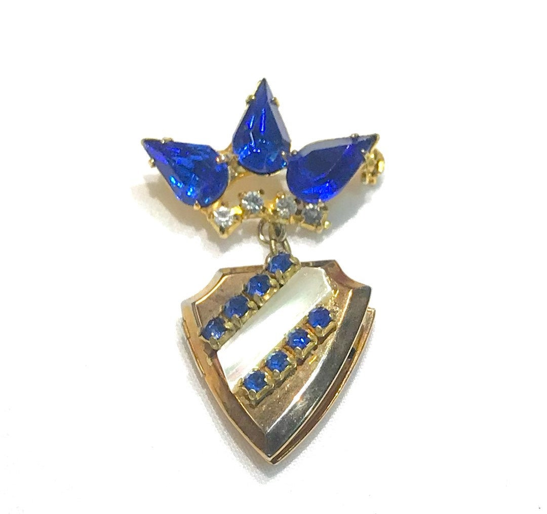 Pretty Bright Blue Pearl and Round Shaped Rhinestone, MOP Dangle Brooch ...