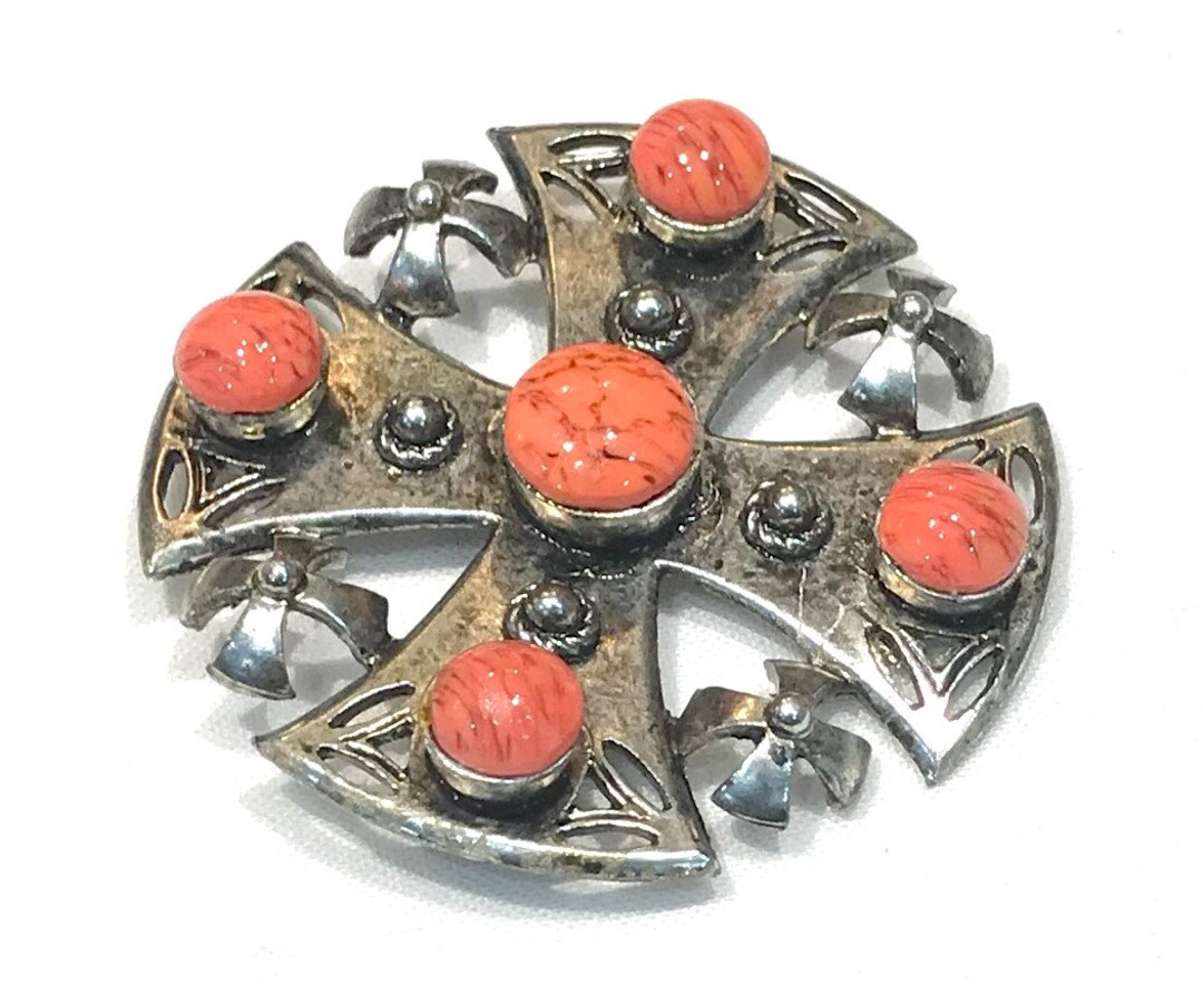 Nice Vintage Weiss Marble Coral Glass Cabochon Maltese Cross Brooch ...