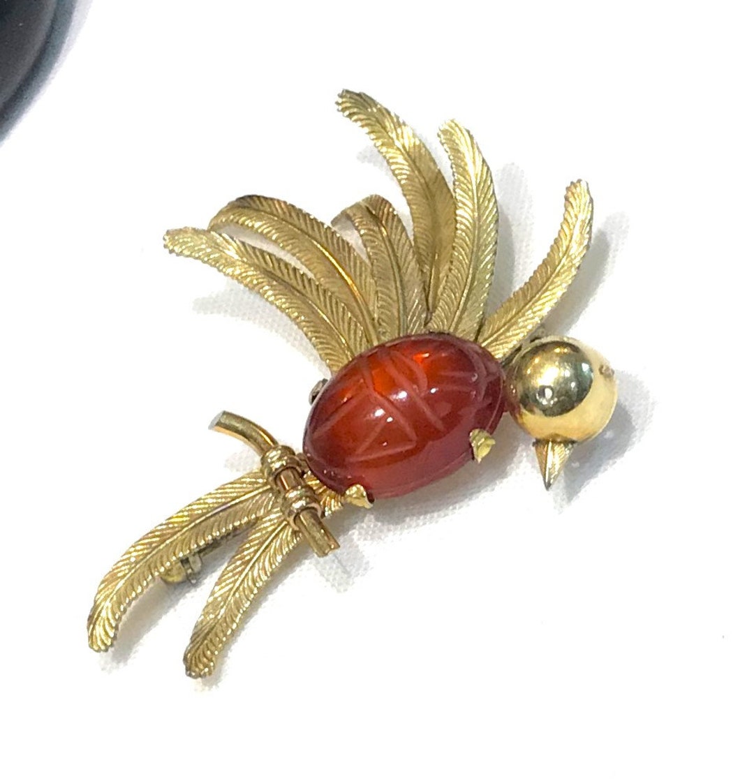 Beautiful Vintage Krementz Scarab Carved Carnelian Scarab Bird Brooch ...
