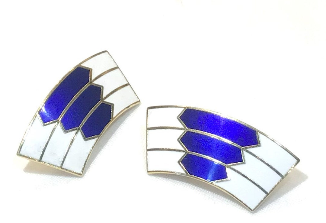 Nice Vintage Crown Trifari Blue and White Enamel Curved Panel Earrings ...
