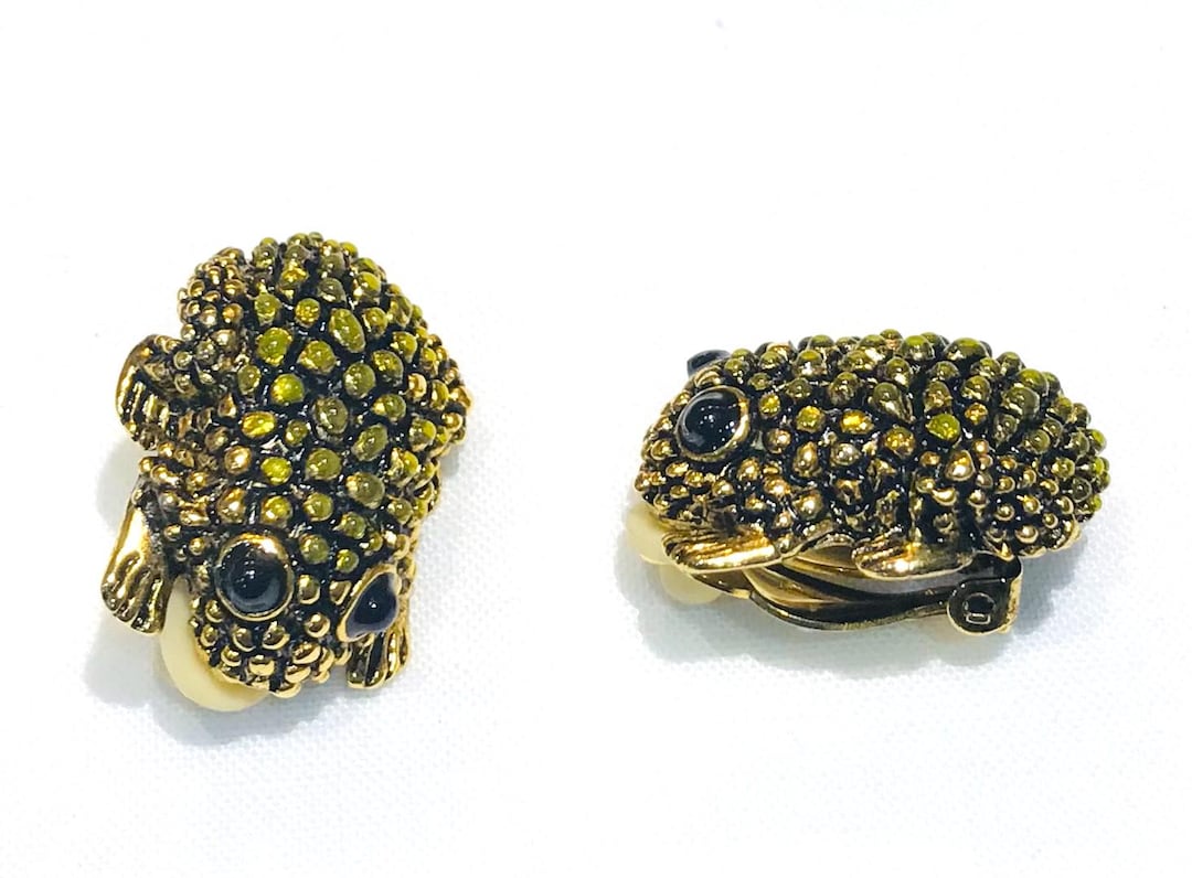 Nice Vintage Joan Rivers Golden Green Black Glass Frog Earrings - Etsy