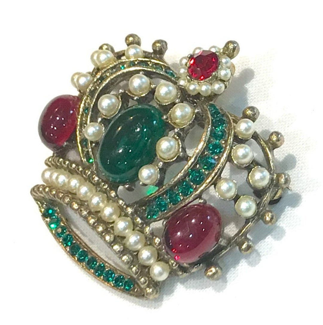Vintage Weiss Faux Pearl and Red and Green Cabochon, Green Rhinestone ...