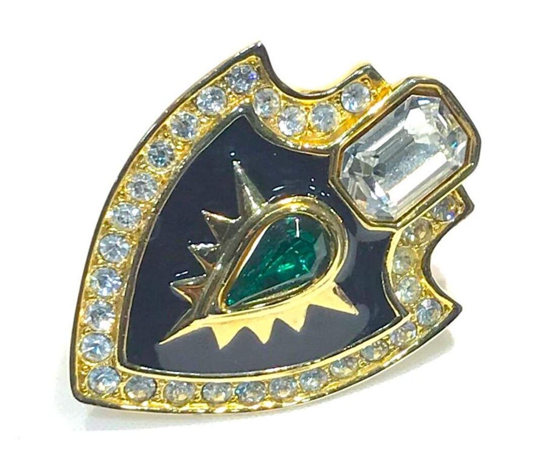 Beautiful Vintage Crest Style Clear and Green Rhinestone Black Enamel ...