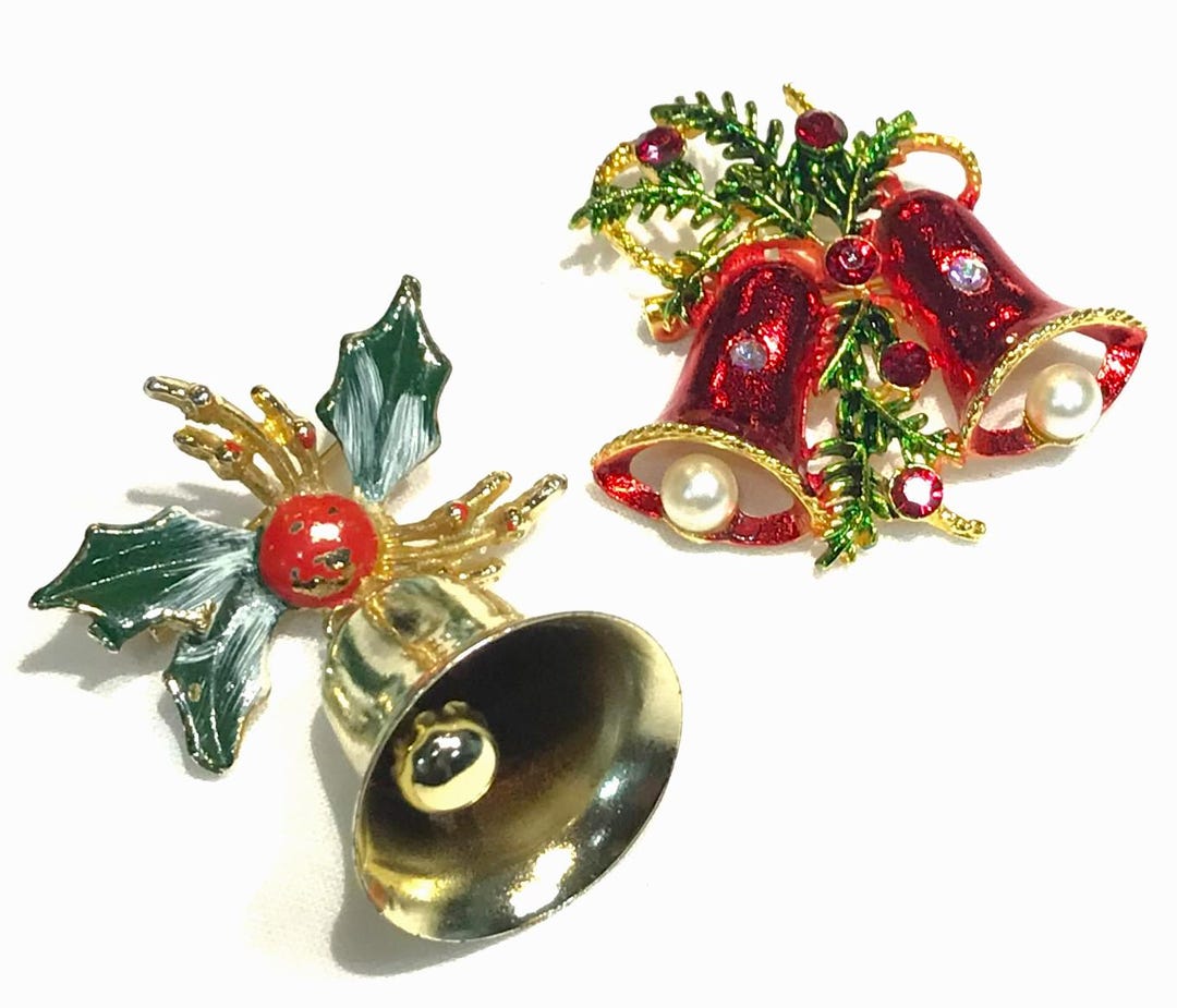 Vintage Holiday Brooches: Enamel Bell & Holly Brooch Set - Etsy