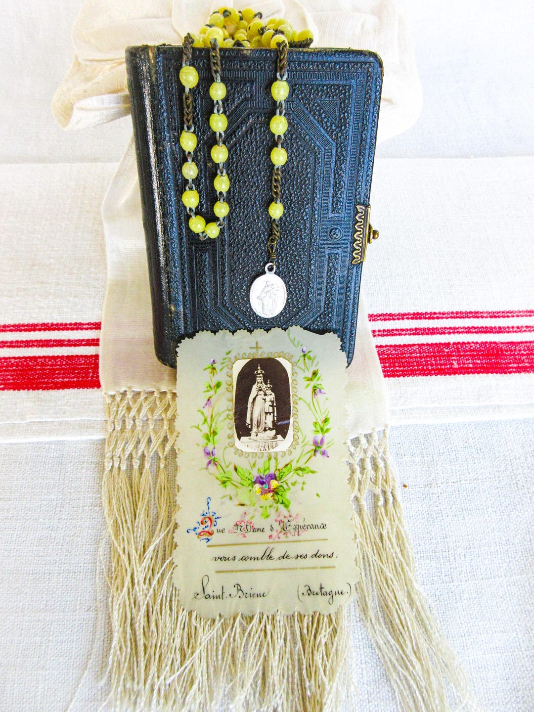 Antique French Missal Prayer Book, Rosary & Holy Card Relic: Notre Dame ...