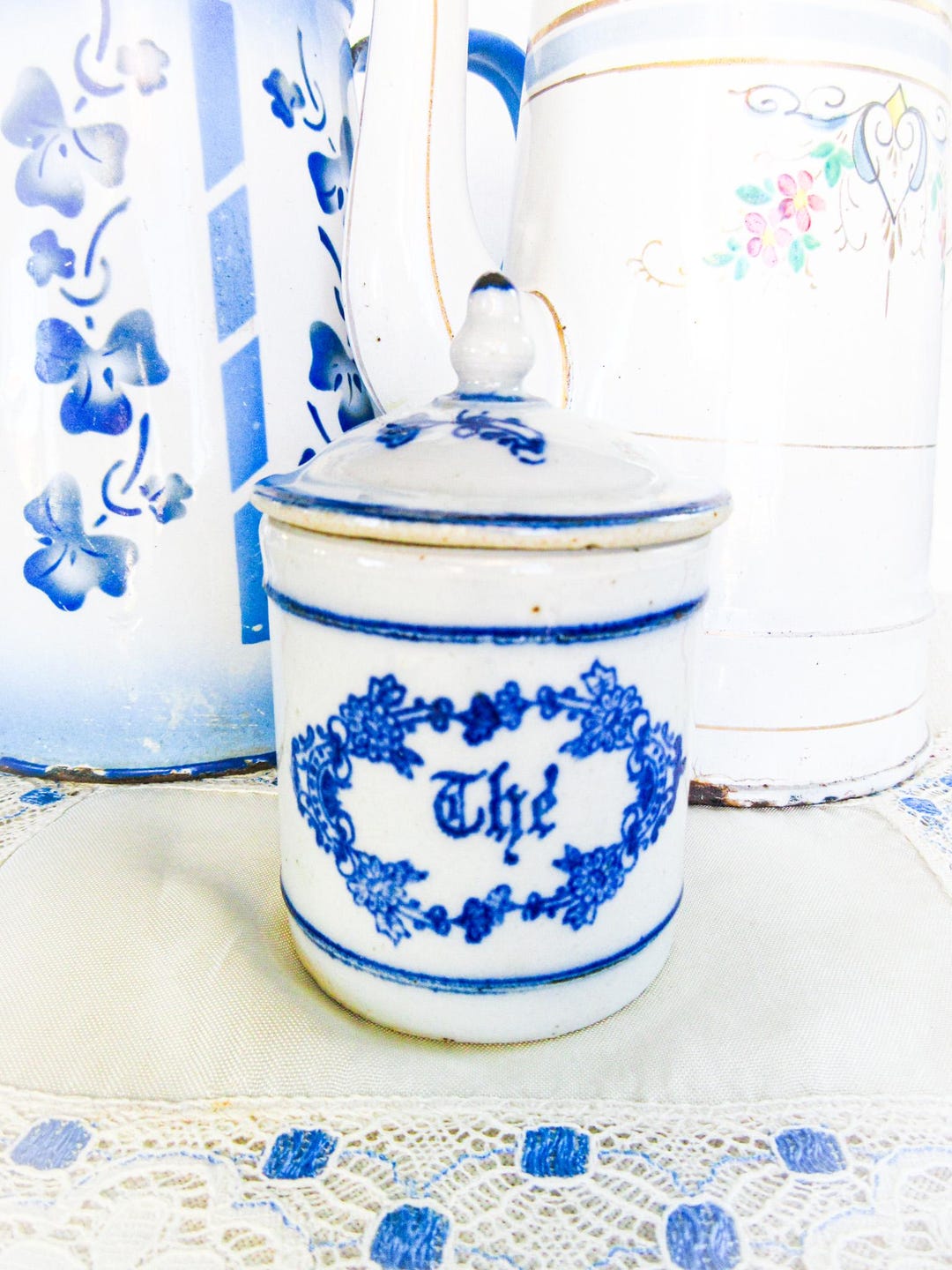 French Antique Thé Pot, Tea Canister, Flow Blue Vintage Tea Jar With ...