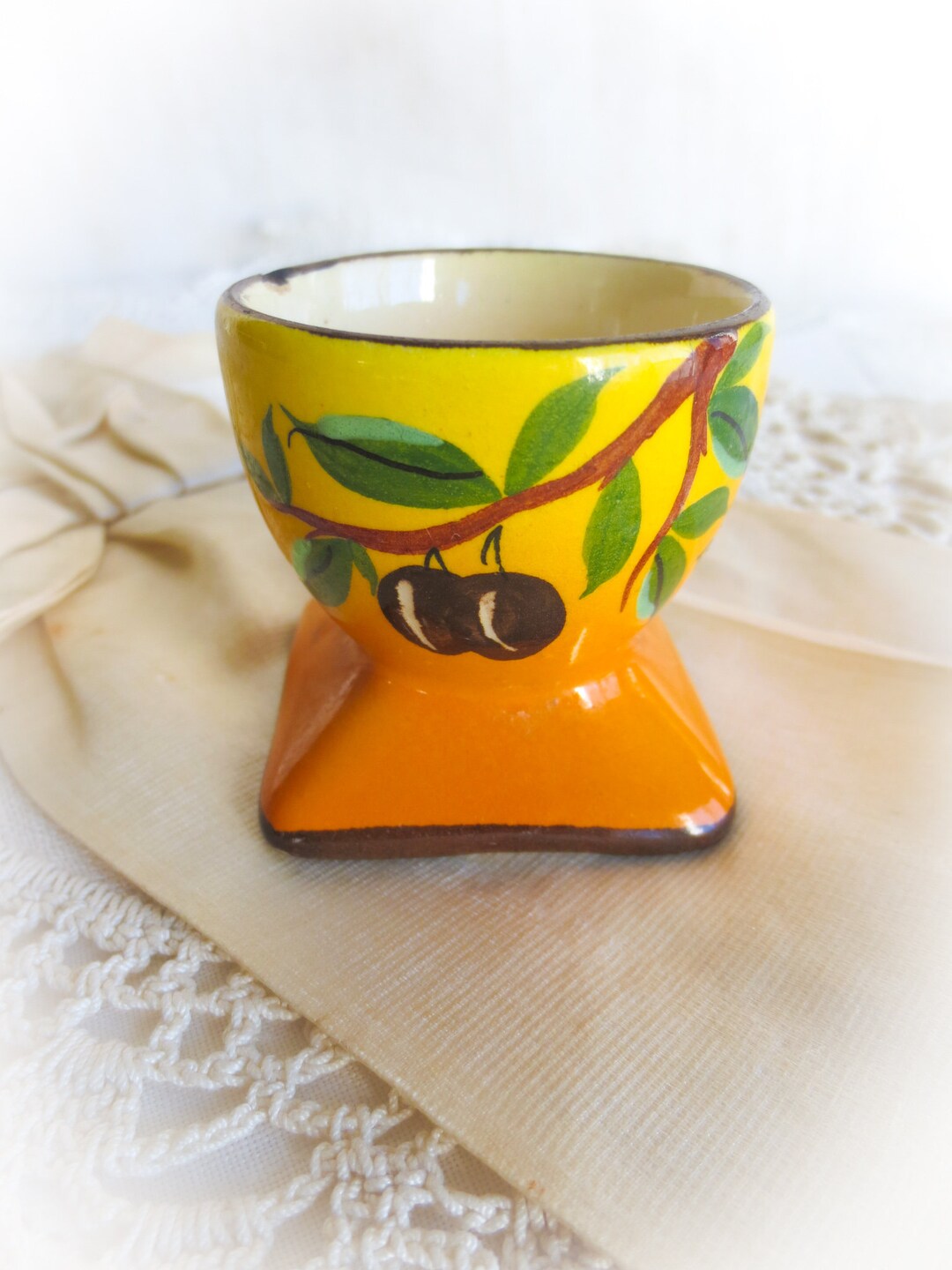 Vintage French Faience Egg Cup- 1960s Colors of Orange and Brown Trim ...