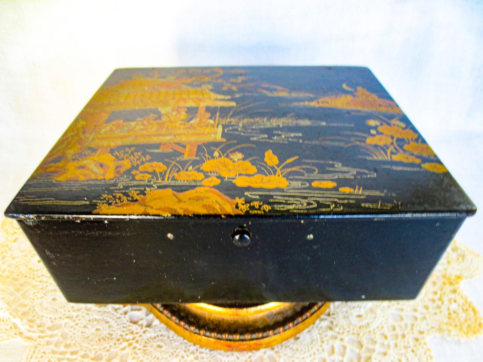 French Antique Black Lacquer Ware Jewelry Box- Asian Motif, Papier ...