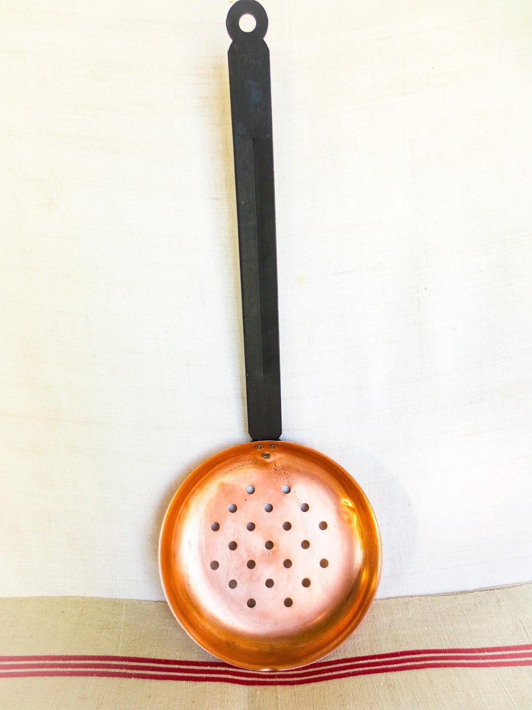 Lg Vtg Copper Slotted Spoon, Forged Iron Handle, Hole for Hanging ...