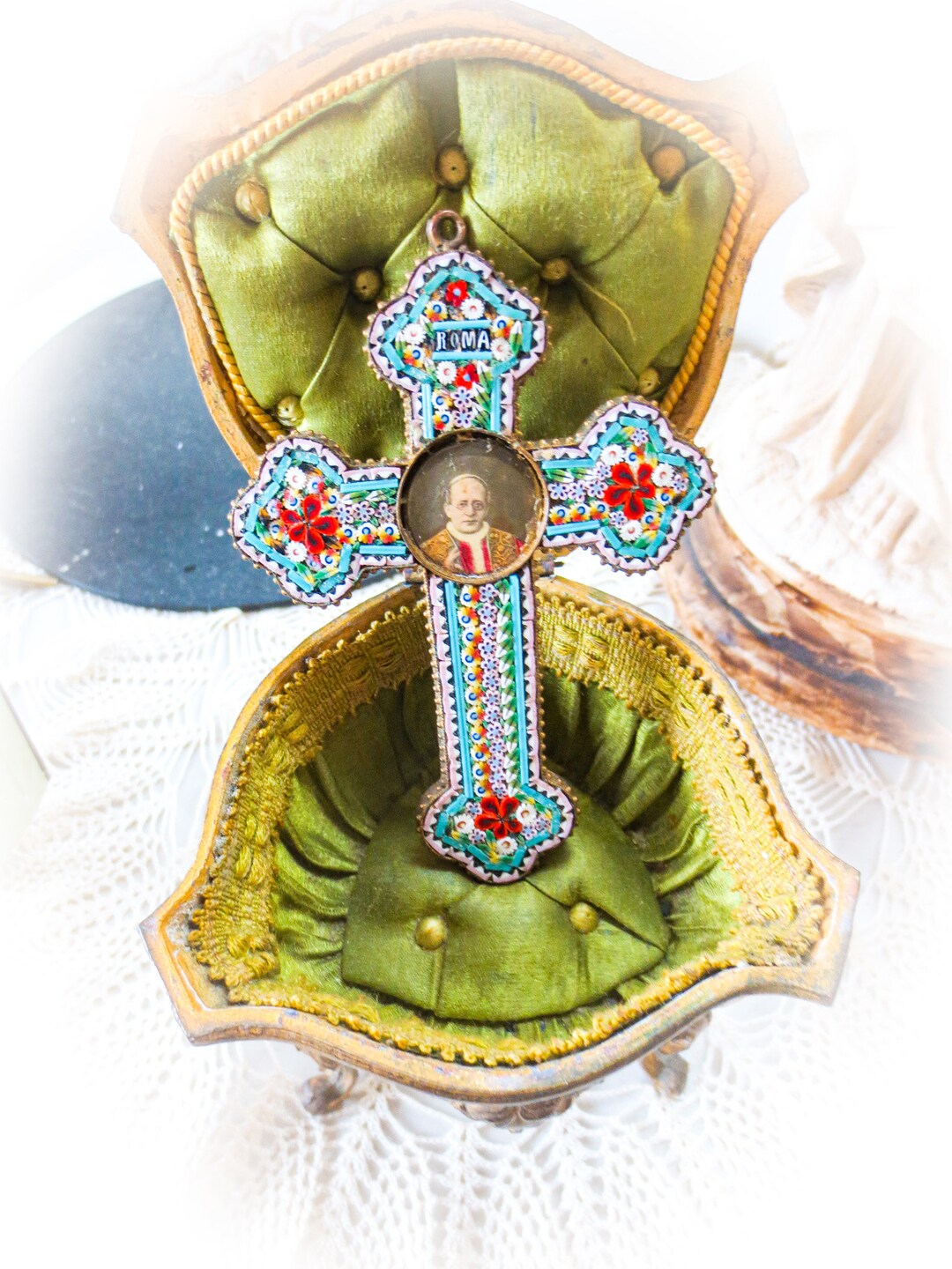 Italian Antique Micro Mosaic Cross, Pope Pius XI in the Centerpiece ...