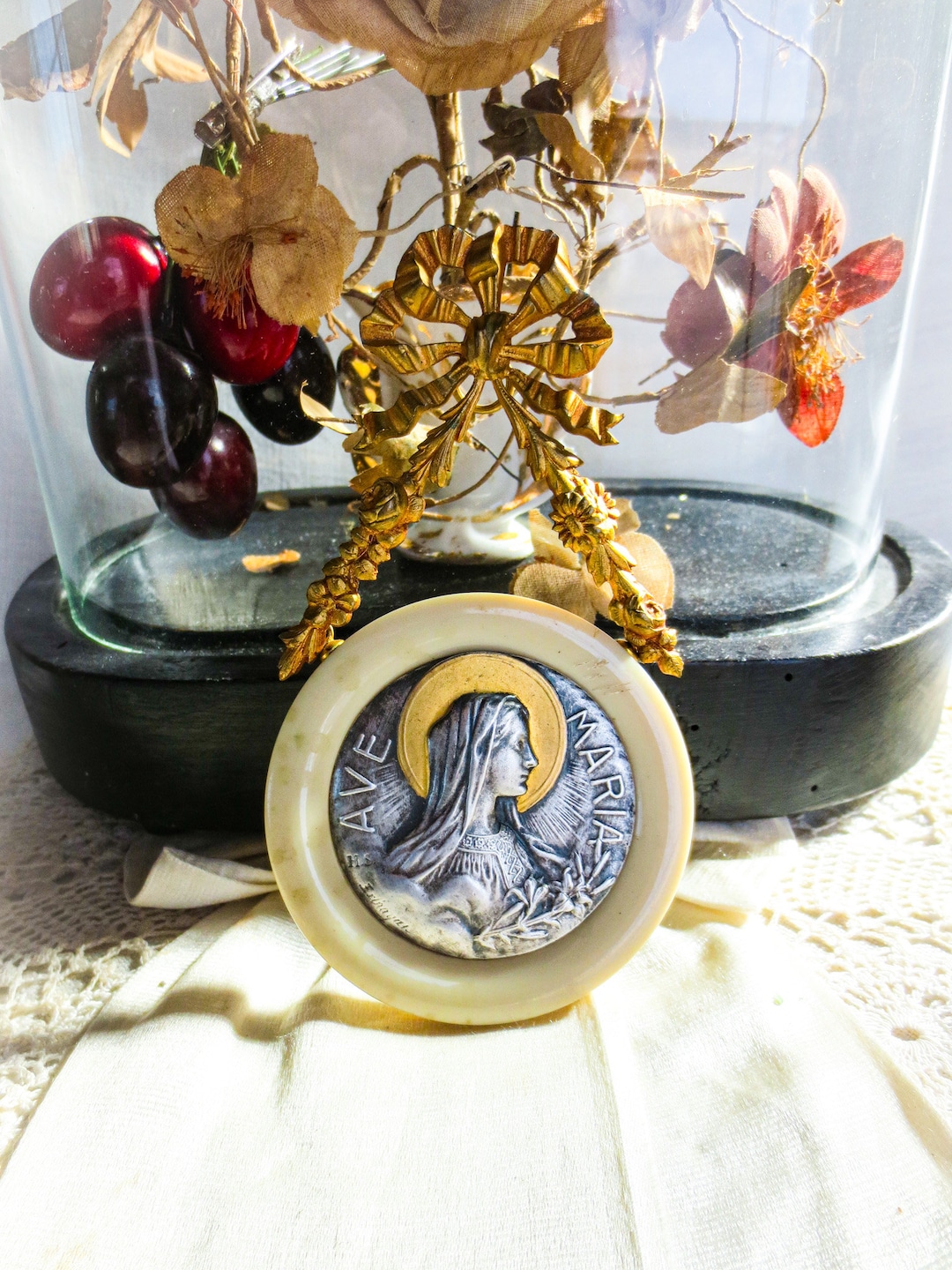 Lourdes French Antique Virgin Mary Crib Medallion ave Maria Crib ...
