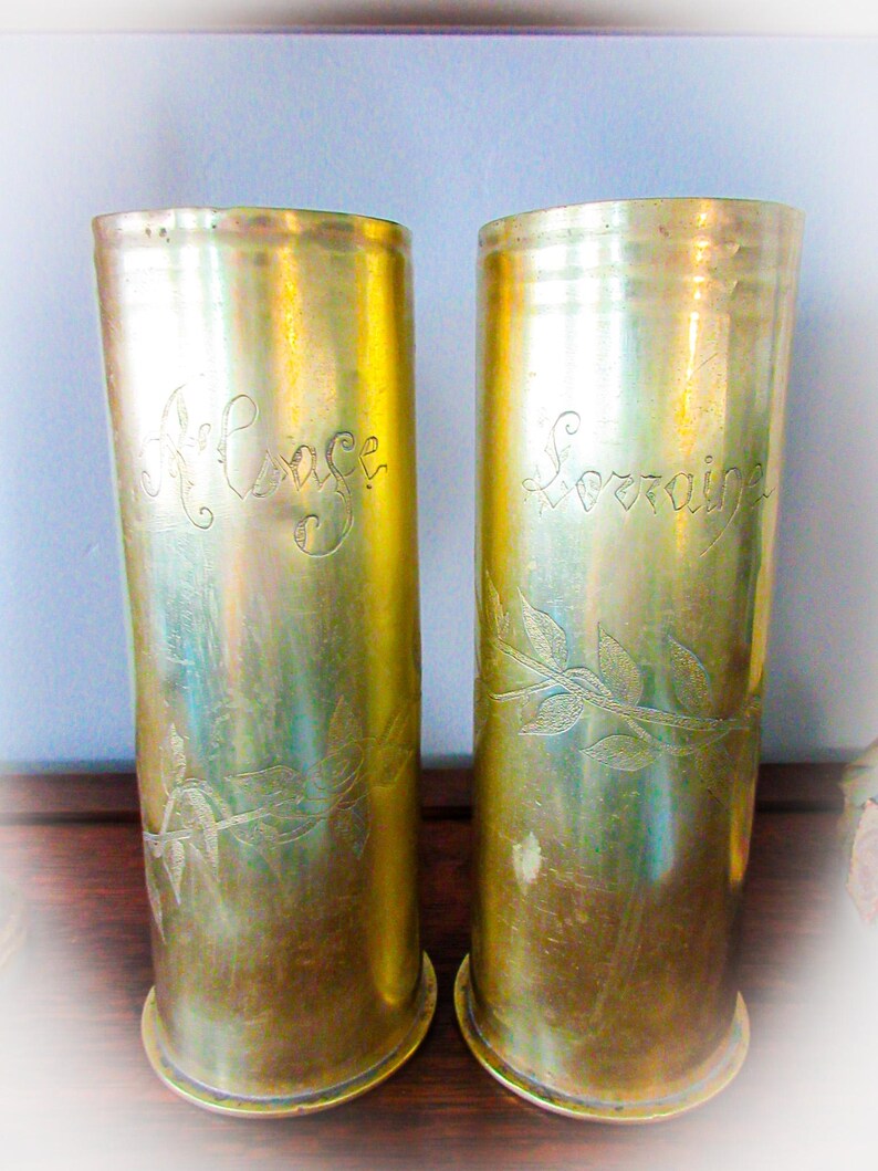 Pair WWI Trench Art Vases: Carved Shell Casings, Alsace & Lorraine ...