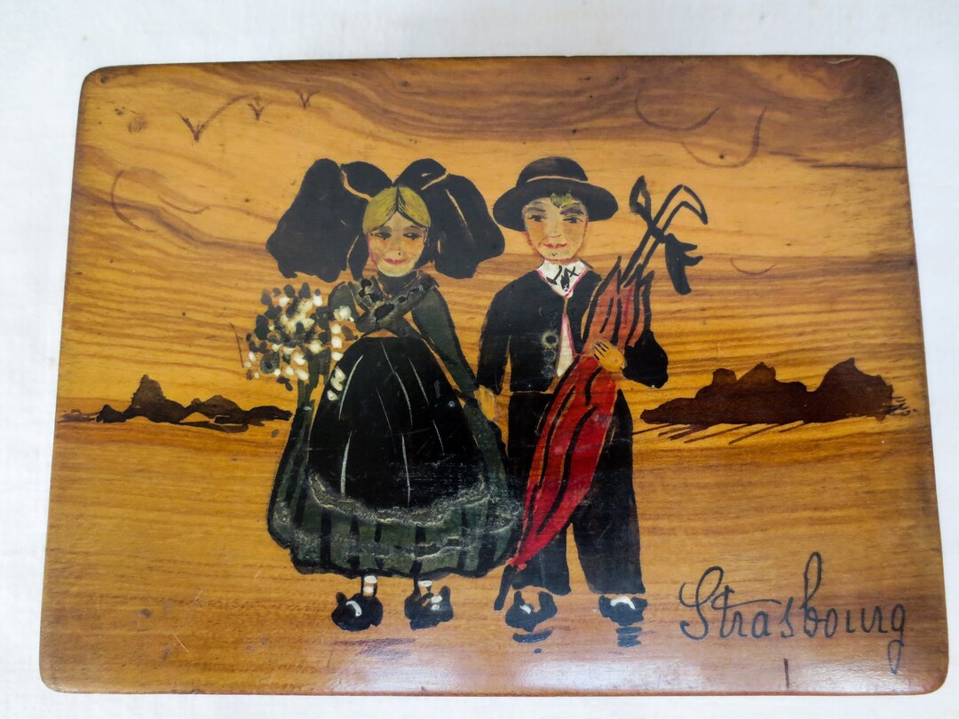 Antique Olive Wood Souvenir Casket: Alsatian Wedding Couple, Strasbourg ...