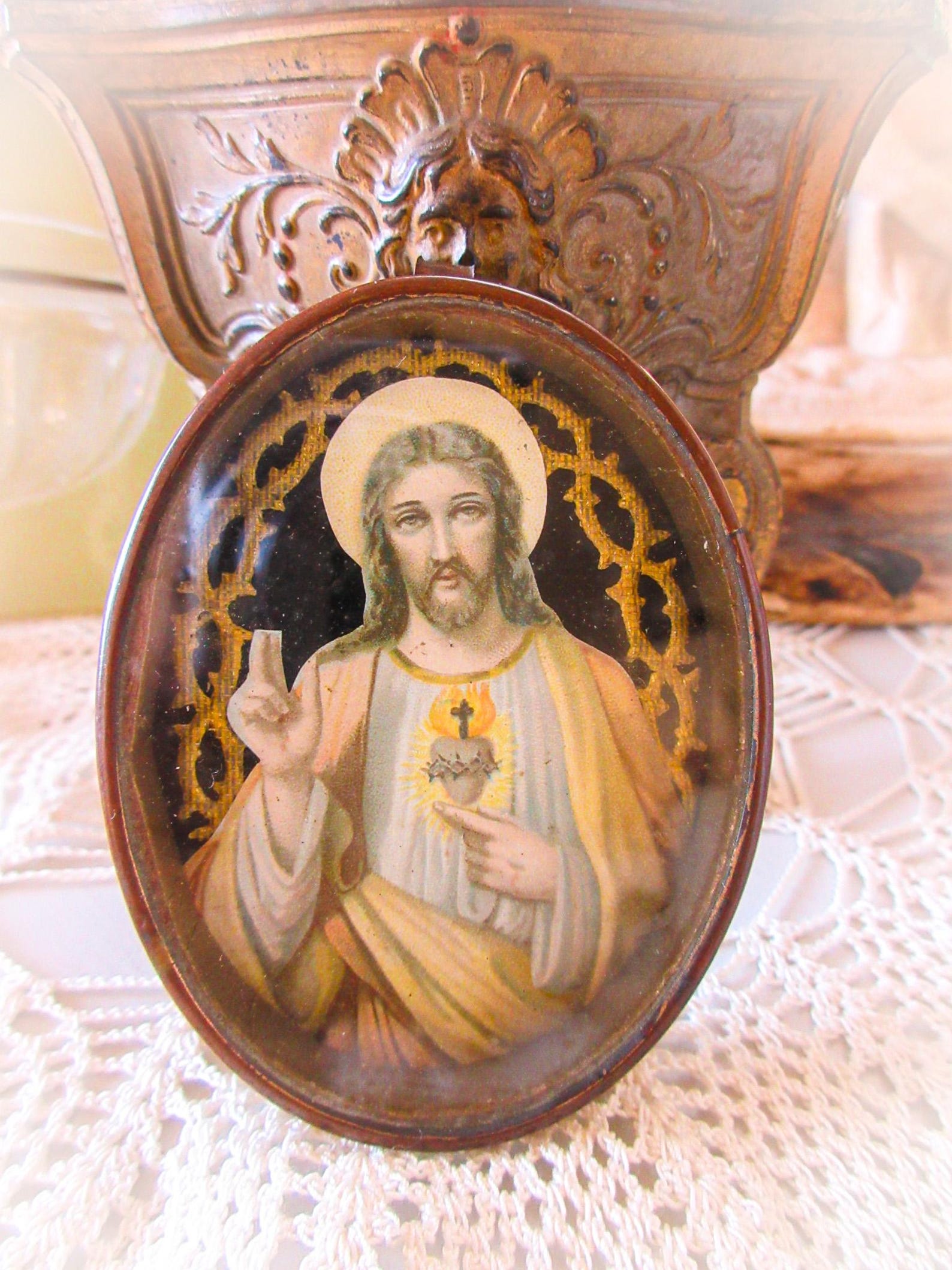 French Antique Nun's Work Reliquary, Jesus' Sacred Heart, Under Glass ...
