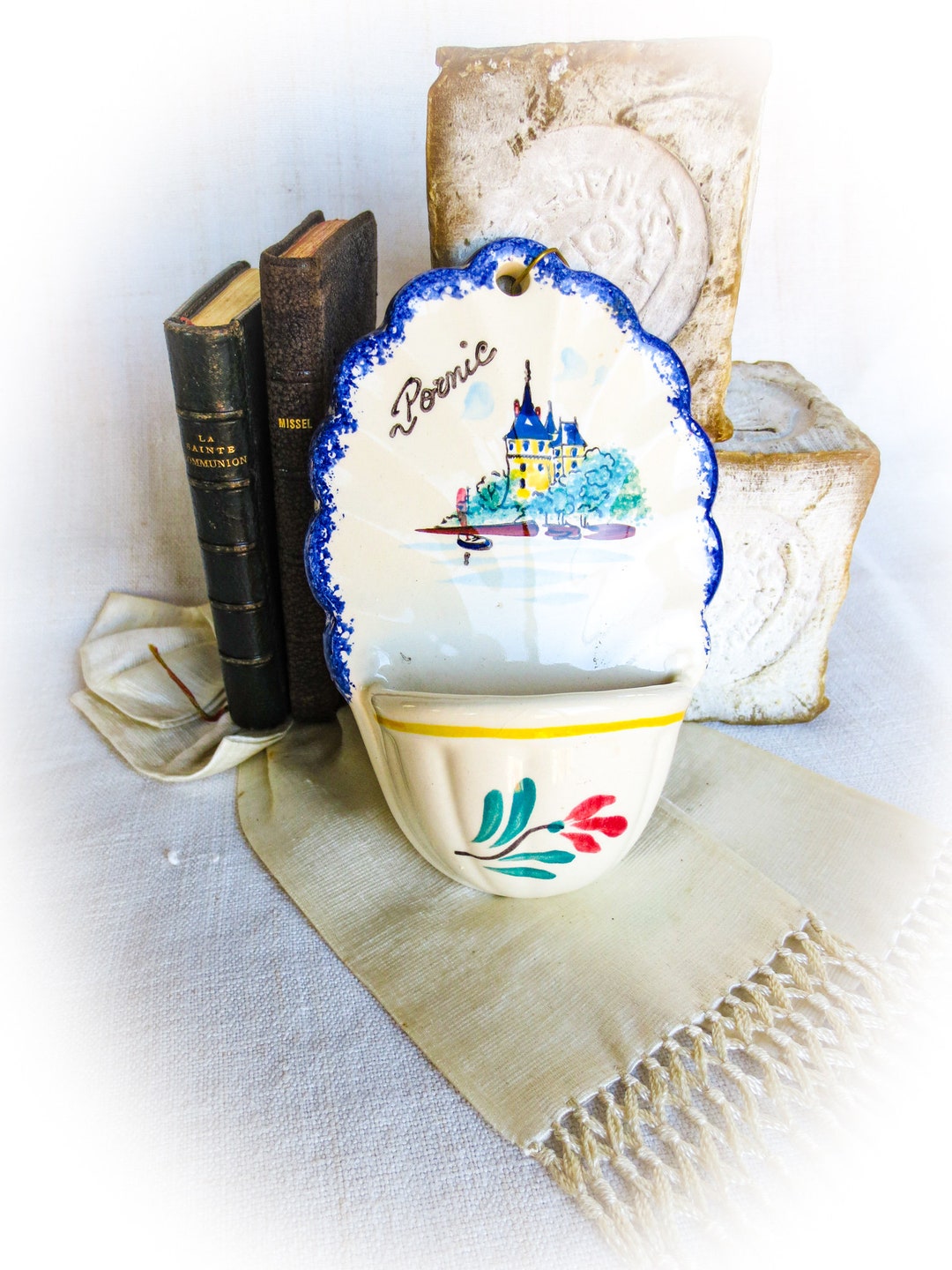 Benetier, French Antique Faience, Souvenir of Pornic, Brittany, France ...