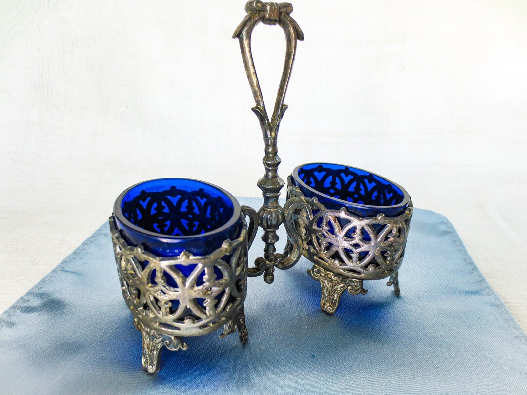 Cobalt Blue Glass Double Salt Cellar With Pewter Filigree - Etsy