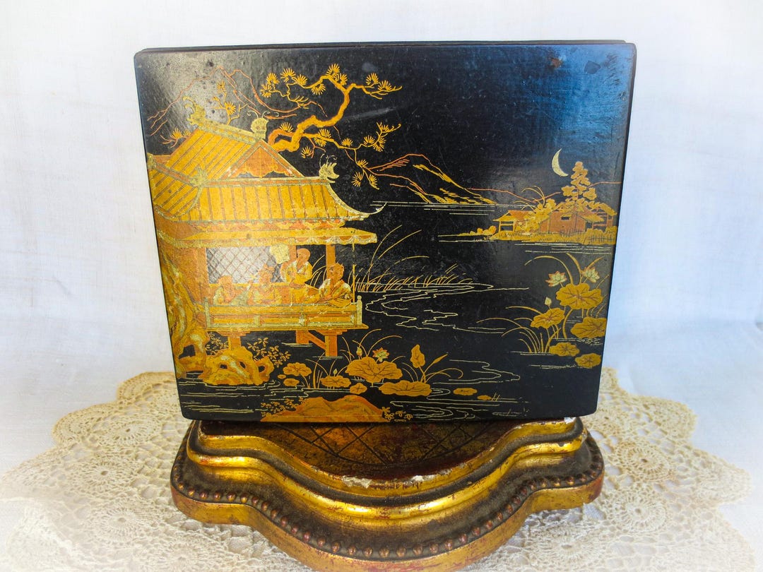 French Antique Black Lacquer Ware Jewelry Box- Asian Motif, Papier ...