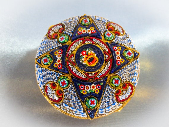 Antique Micro Mosaic Box, Round Powder Box, Brass wit… - Gem