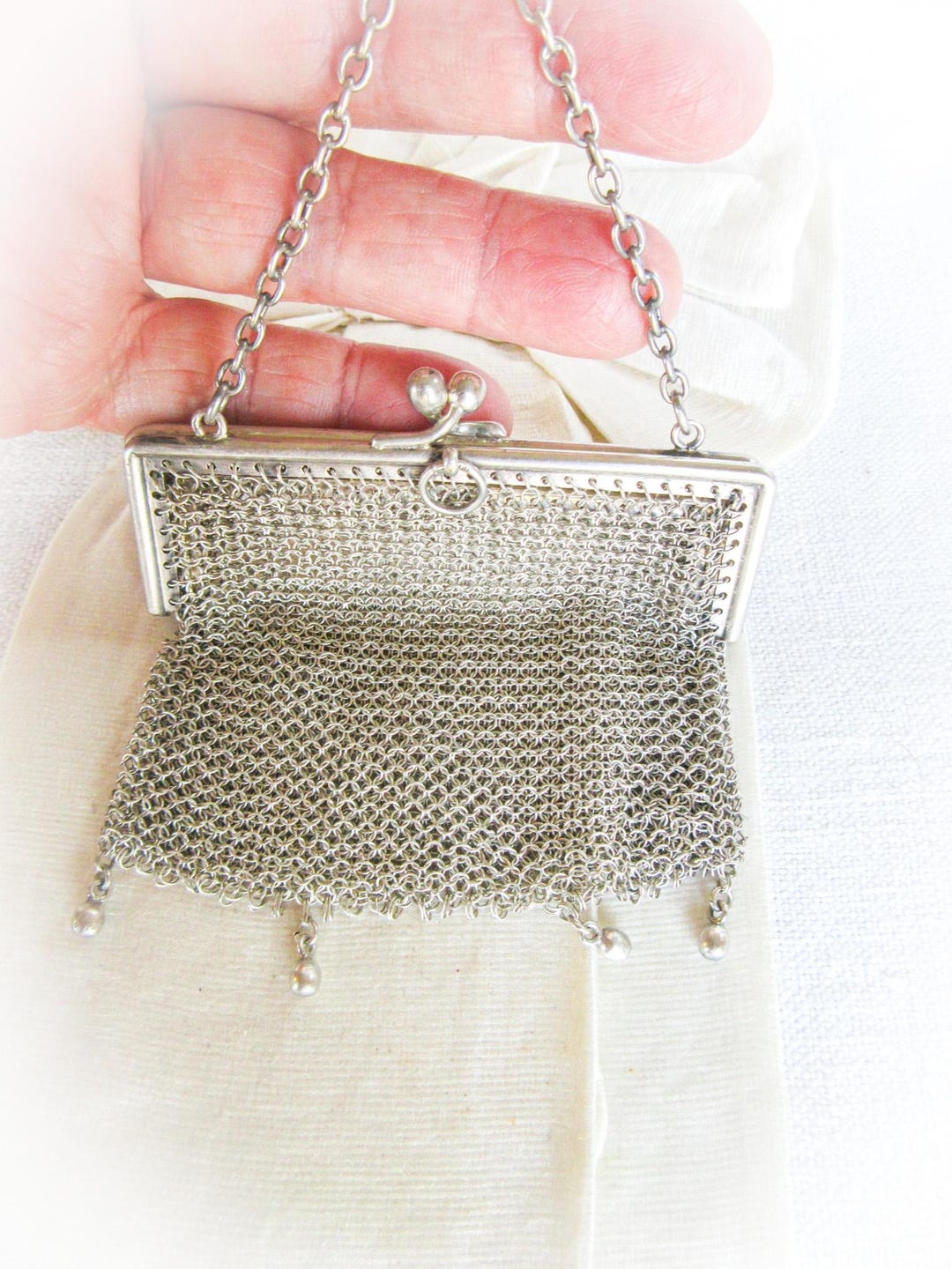 French Vtg Sterling Silver Chain Mail Purse, Sterling Silver Chatelaine ...