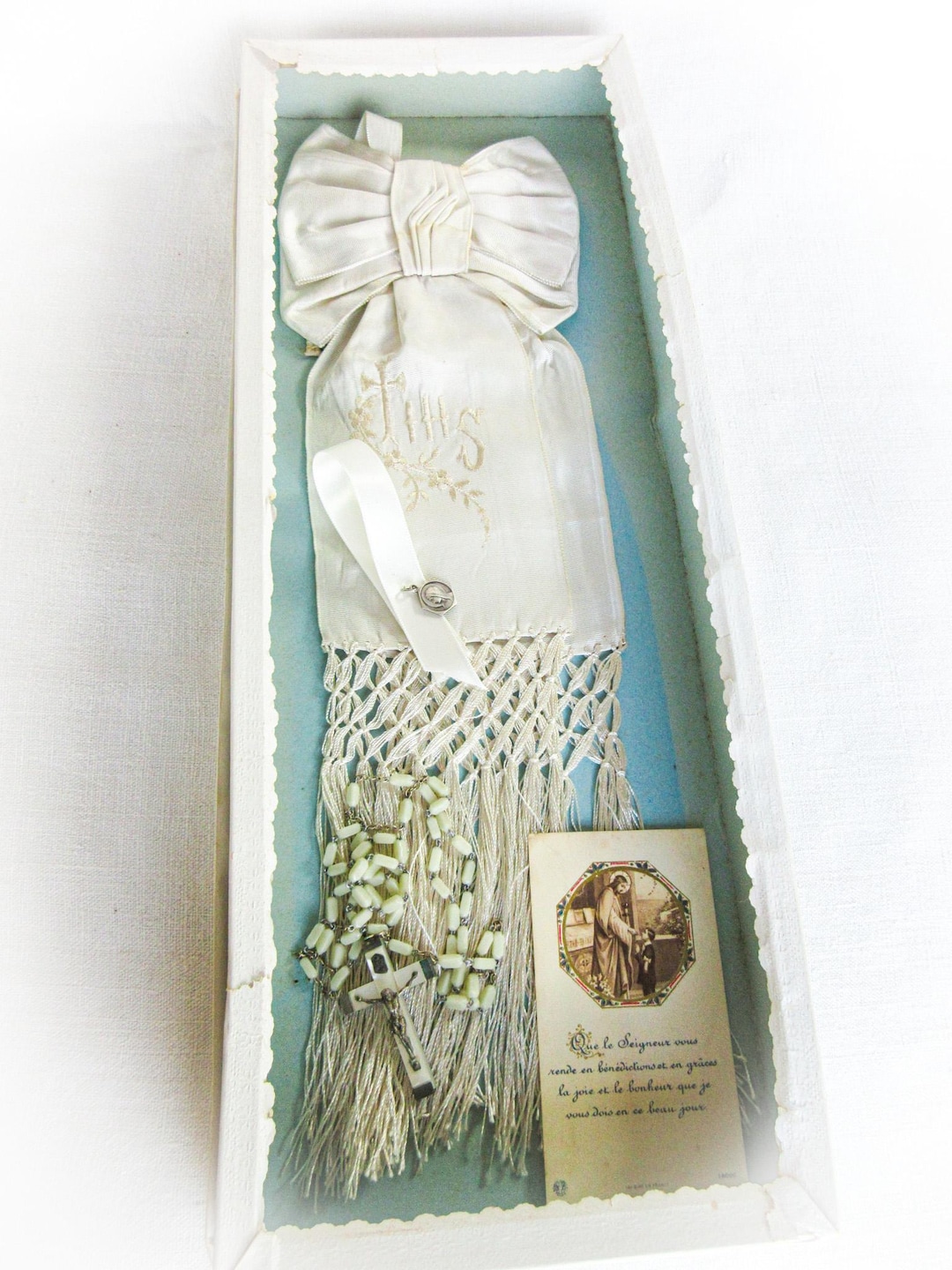 Antique French First Communion Set: Armband, Lourdes Rosary, Holy Card ...