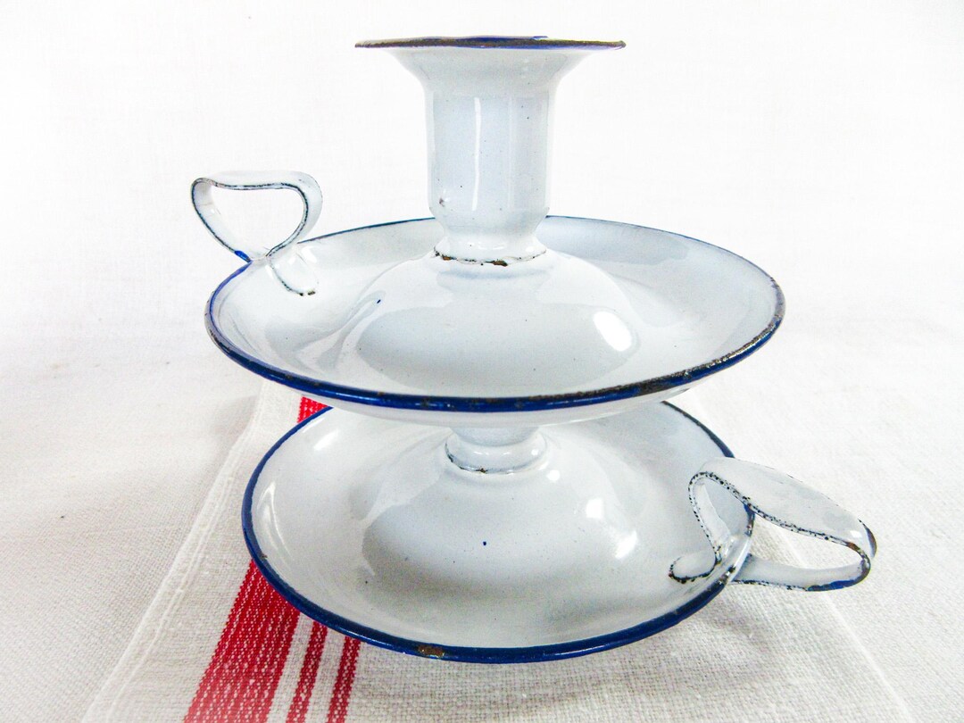 Pair French Antique Enamel Candle Holder - Bright White Enamel,blue ...