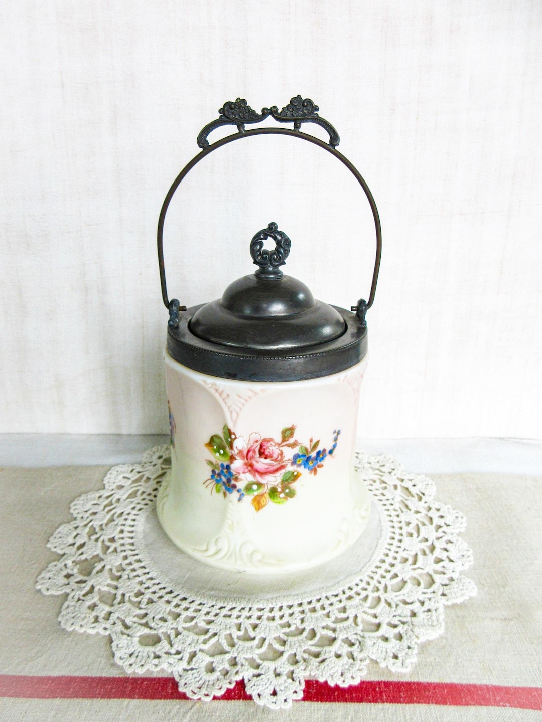French Antique Biscuit Jar, Porcelain With Pewter Handle, Hand Painted ...