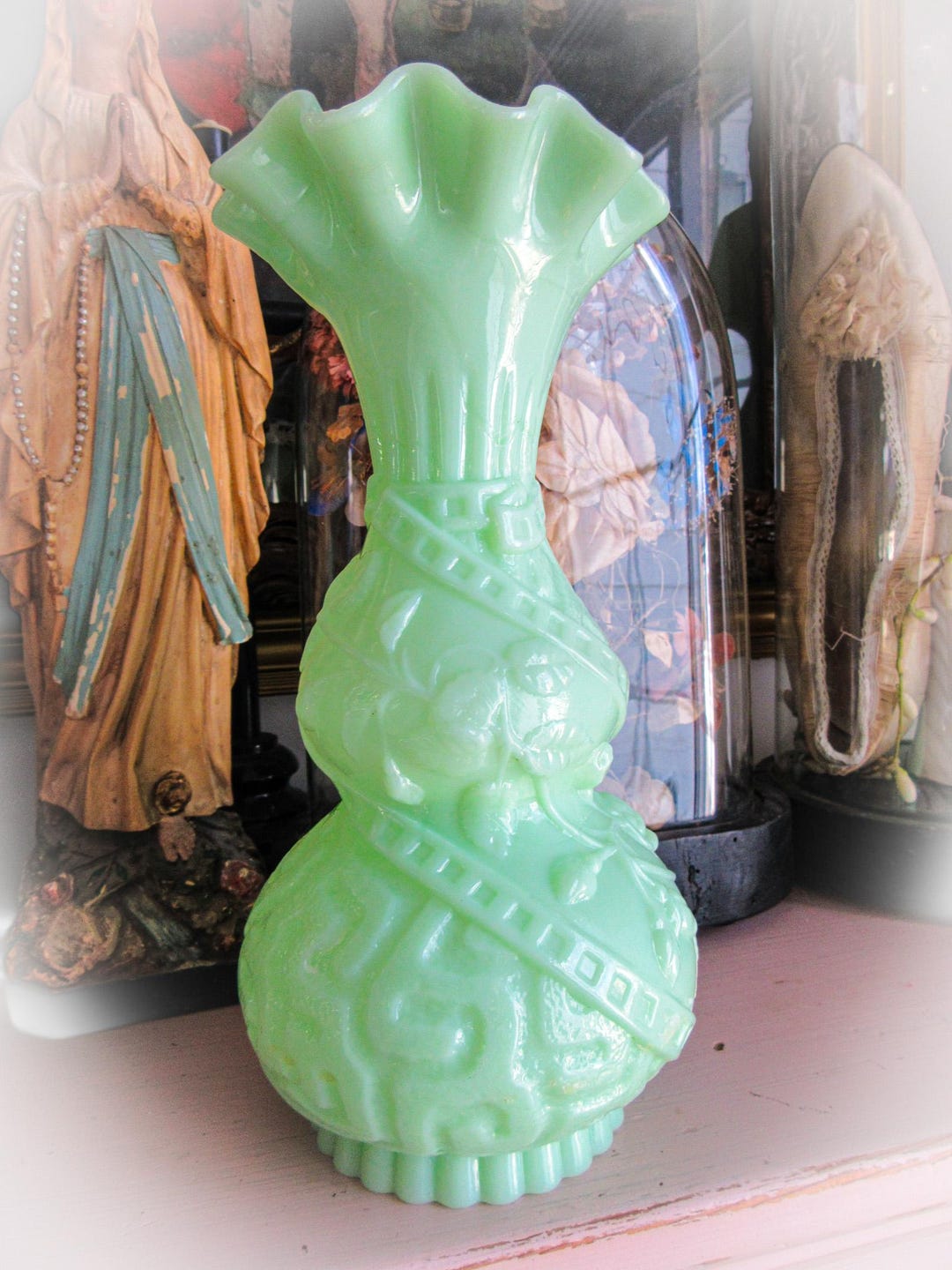 French Vintage Jadeite Vase, Medium Size, Opaline De Foire, Rare ...