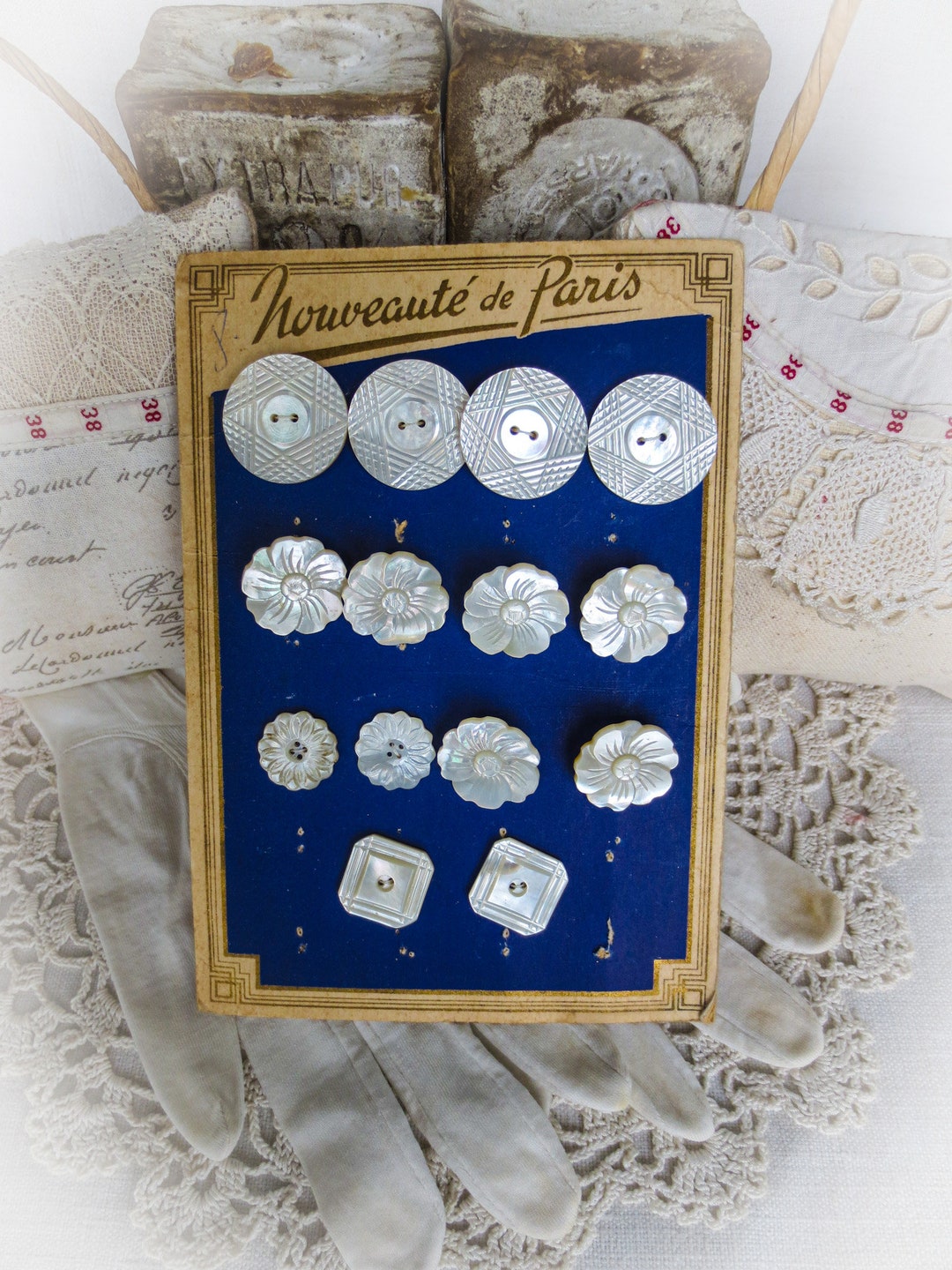 French Mother of Pearl Carved Buttons, French Nouveaute De Paris - 14 ...