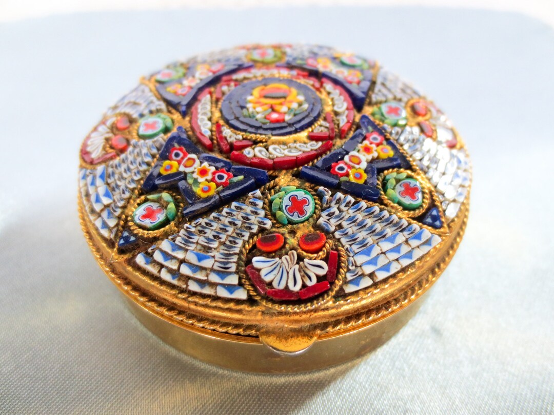 Antique Micro Mosaic Box, Round Powder Box, Brass With Micro Mosaic Top ...