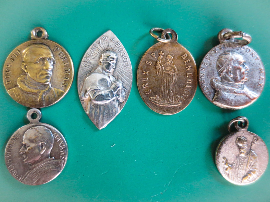 Antique French Pope Medals - Silver Over Brass Religious Amulets - Lot ...