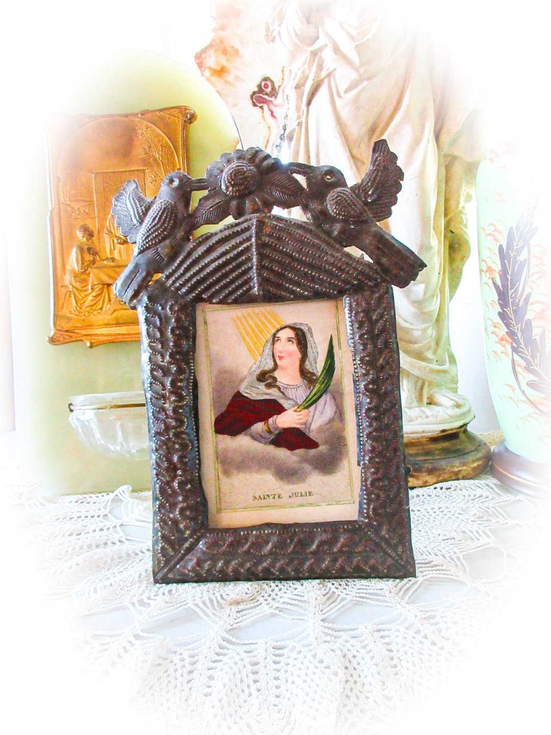 Retablo Frame, Hand Made, Metal Frame, Colored Print of Saint Julie ...