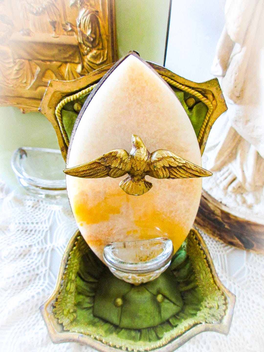 Small French Benetier - Onyz, White With Gold Veins, Holy Spirit Dove ...